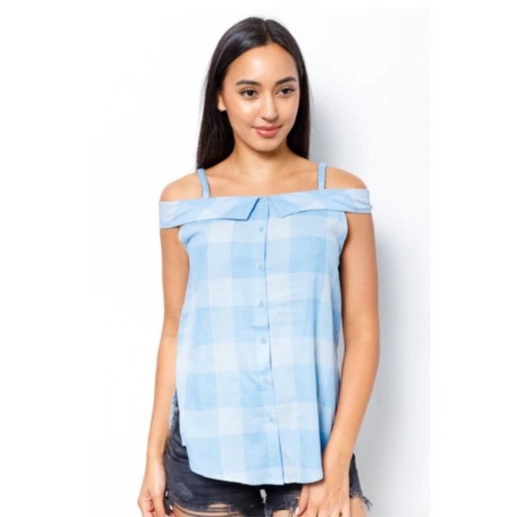 Current Air | Tops | Off Shoulder Sky Blue Checkered Blouse | Poshmark